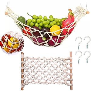 Zarami Fruit Hammock for Kitchen Under Cabinet-Macramé Fruit Hammock Basket for Bananas with 4 Hooks for Kitchen, Hanging Banana Hammock Fruit Holder, Produce Hammock, RV Fruit hammock