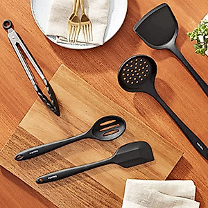 GreenPan 5 Piece Cooking Utensil Set, Flexible Nonstick Silicone, Stain-Free, Tongs, Turner, Spatula, Skimmer, and Slotted Spoon, Black