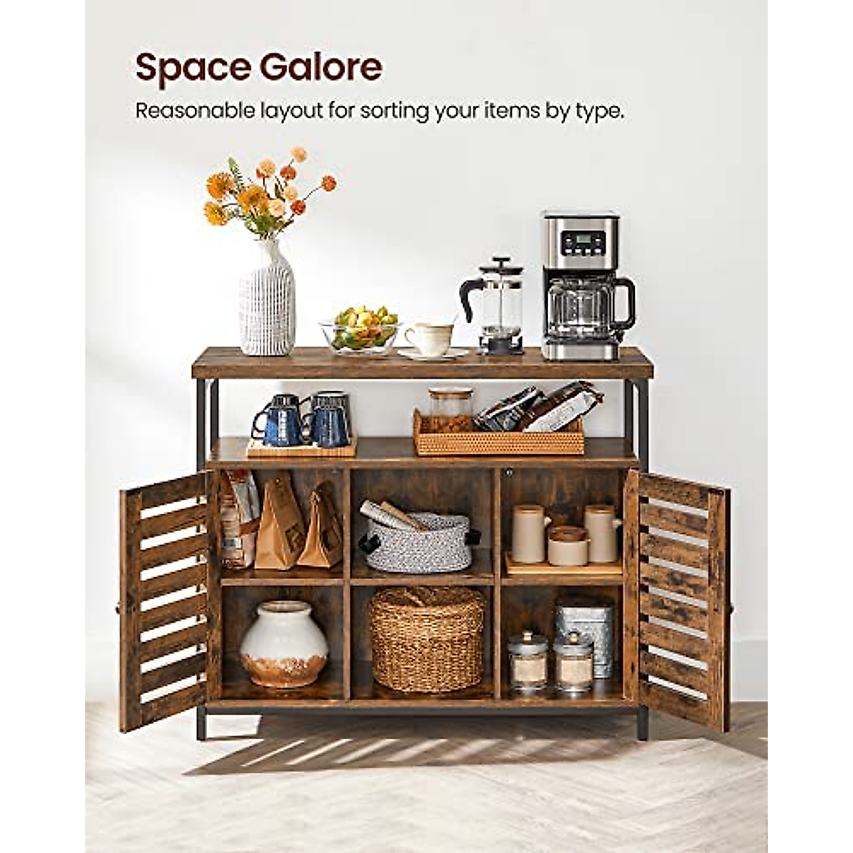 VASAGLE Buffet Cabinet, Sideboard Storage Cabinets with Compartments, Adjustable Shelves, Louvered Doors, 13.8 x 39.4 x 32.1 Inches, Rustic Brown and Black