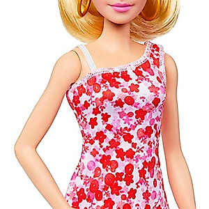 Barbie Fashionistas Doll #205 with Blond Ponytail, Wearing Pink and Red Floral Dress, Platform Sandals and Hoop Earrings