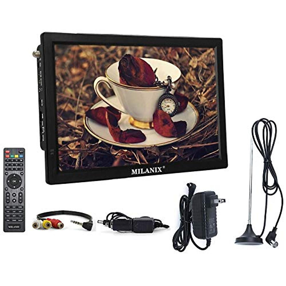 MILANIX 14.1" Portable Widescreen LED TV with HDMI, VGA, MMC, FM, USB/SD Card Slot, Built in Digital Tuner, AV Inputs, and Remote Control
