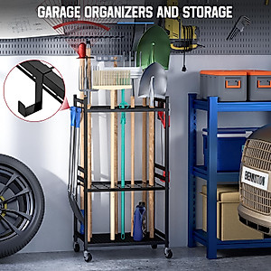 DAOUTIME Garden Tool Organizer with Wheels, Yard Tool Tower rack for Garage Organization and Storage, Up to 35 Long-Handled Tools, Sturdy Metal Steel Tool Holder with 3 Hooks, Outdoor, Black