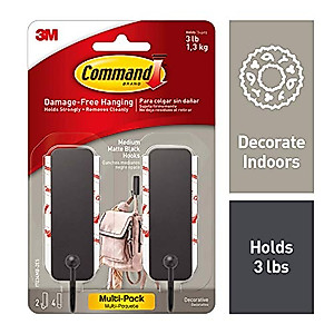 Command Medium Decorative Wall Hooks, Damage Free Hanging Wall Hooks with Adhesive Strips, No Tools Wall Hooks for Hanging Decorations in Living Spaces, 2 Black Hooks and 4 Command Strips