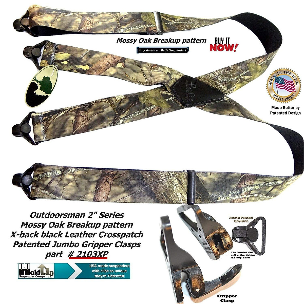 Holdup 2" Wide Outdoorsman Series Break-Up Pattern Suspenders for Men with Composite Plastic USA Patented Gripper Clasp