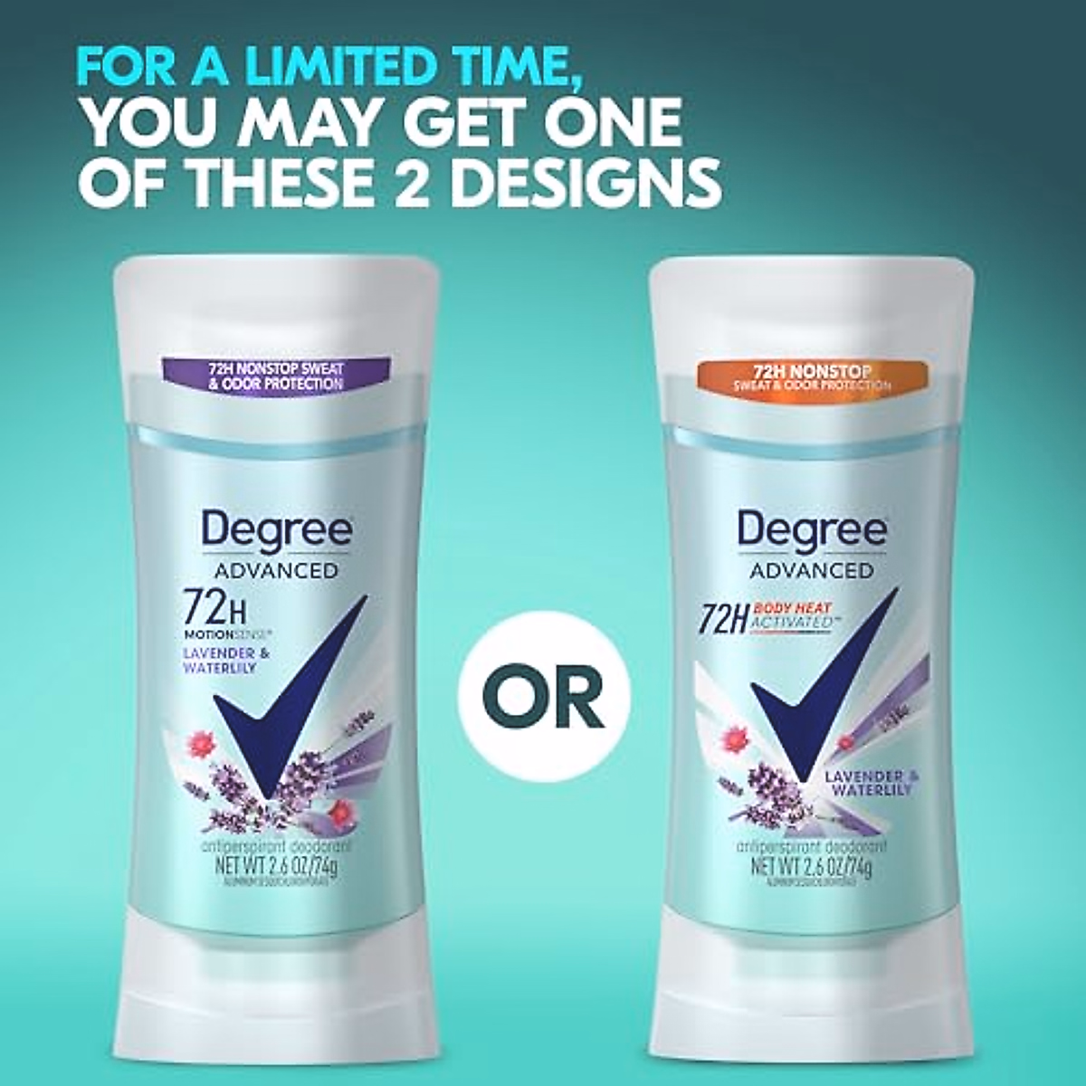 Degree Advanced Protection Antiperspirant Deodorant Lavender & Waterlily for 72-Hour Sweat & Odor Control for Women, with Body Heat Activated Technology, 2.6 oz