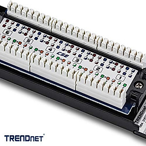 TRENDnet 24-Port Cat5-5e RJ-45 UTP Unshielded Patch Panel, Wallmount or Rackmount, 100Mhz, Color-Coded Labeling, Cat5,Cat5e,Cat4,Cat3 Compatible, 1U Rackmount, Black, TC-P24C5E