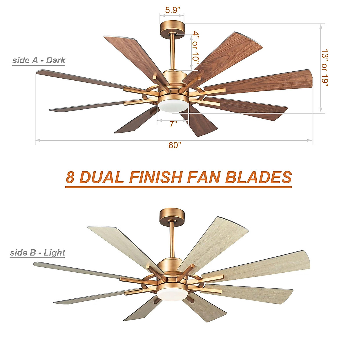 Parrot Uncle Ceiling Fans with Lights and Remote 60 Inch Ceiling Fan with Light Large Outdoor Ceiling Fans for Patios with LED Light, Copper