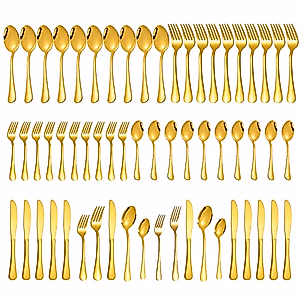 Gold Silverware Set for 12, Compralo 60 Pieces Stainless Steel Shiny Gold Flatware Set, Gold Cutlery Tableware Set Include Spoons, Forks, Knives for Home and Restaurant