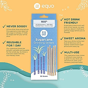 EQUO Sugarcane Straws, Disposable, Biodegradable, Compostable, and Plastic-Free Drinking Straws, Pack of 50, Standard