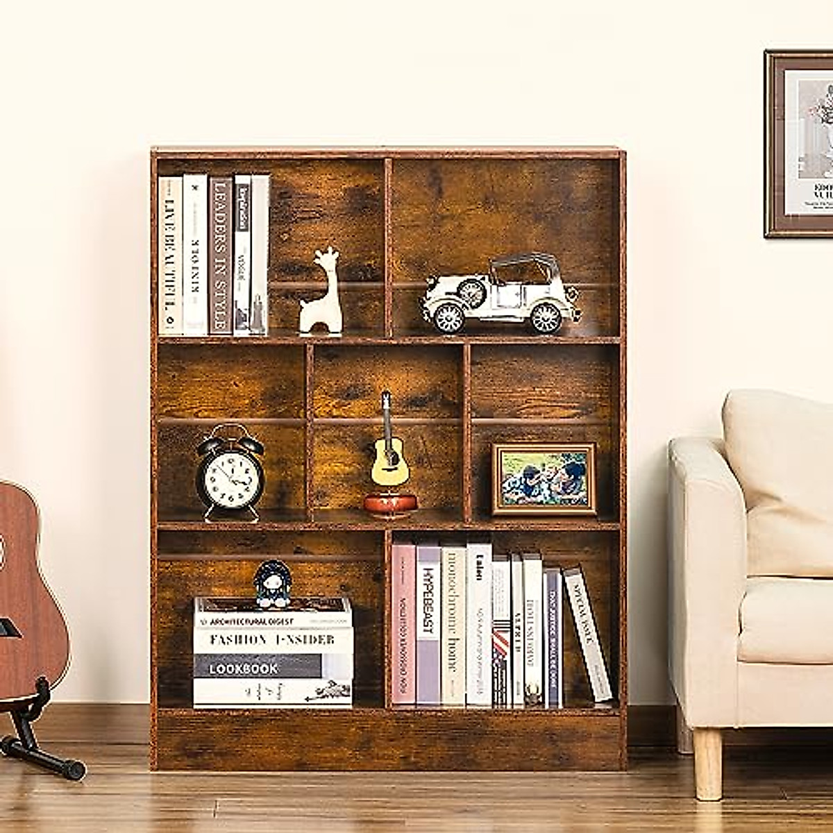 LEYAOYAO 7 Cube Bookshelf with Base,3 Tier Mid-Century Modern Brown Bookcase,Standing Wide Bookshelves Storage Organizer Shelf,Rustic Wood Display Cabinet Book Shelves for Bedroom,Living Room,Office