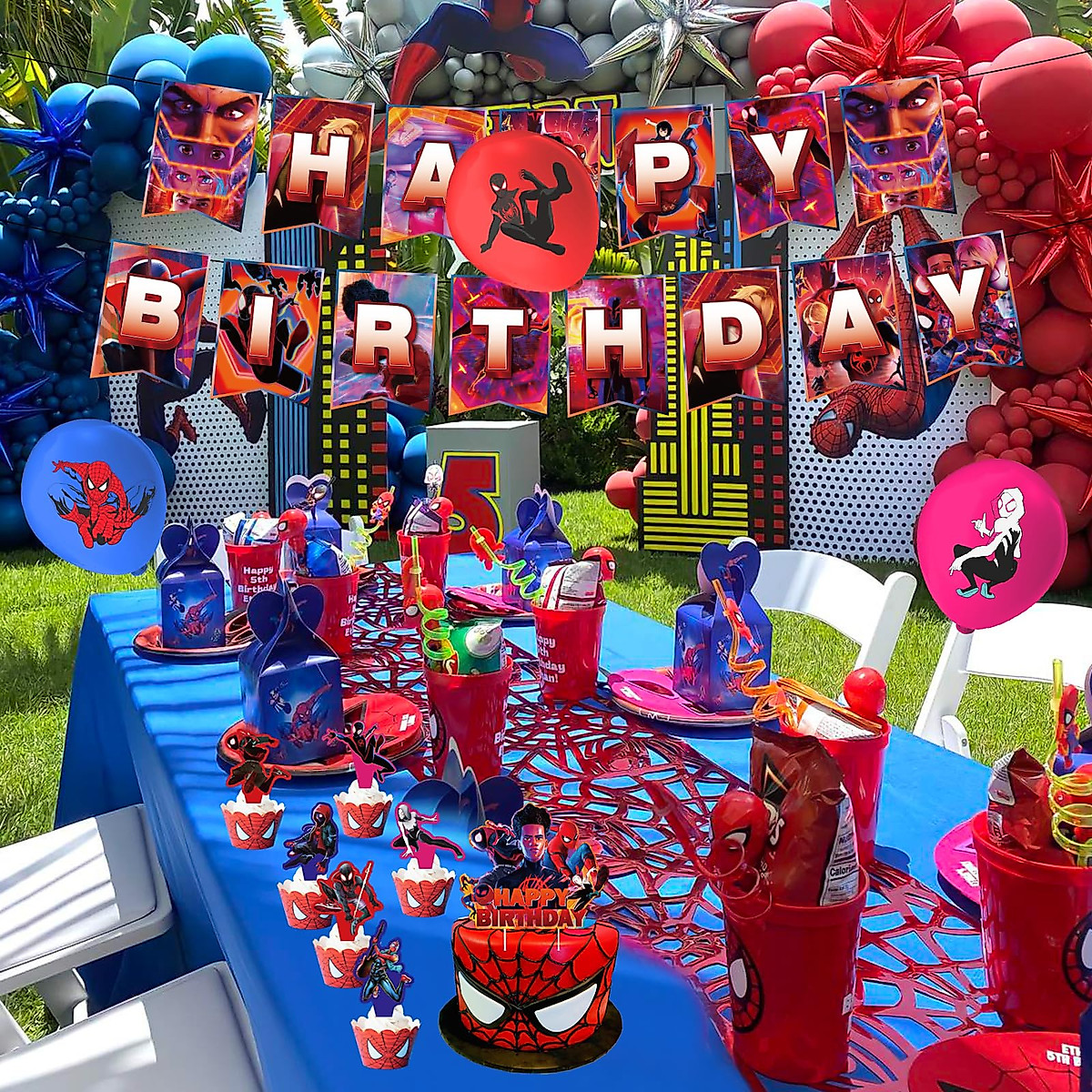 Miles Morales Party Supplies Spider Birthday Decorations for Boys Include Happy Birthday Bannner, 18 Latex Balloons, 1 Cake Topper and 12 Cupcake Toppers for Across Spider Party Decorations