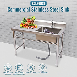 KOLHGNSE Commercial Stainless Steel Sink, Free Standing Restaurant Sink with Drainboard For Outdoor and Kitchen