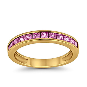 Blue Apple Co. Yellow Tone, Simulated Pink CZ Size-7 Half Eternity Band Wedding Engagement Ring Princess Cut Round Simulated Cubic Zirconia 925 Sterling Silver