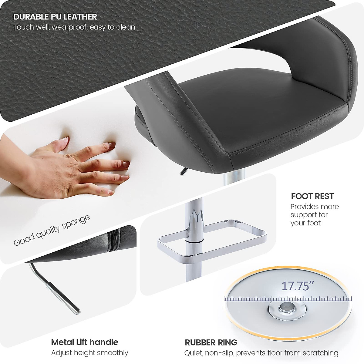 Vogue Furniture Direct Adjustable Bar Stool with Hollow Back and Arms, Modern PU Leather Swivel Barstool, Airlift Counter Height Bar Chair for Kitchen Dining Room (Grey)