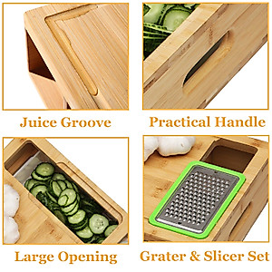 Bamboo Cutting Board with Trays/Drawers and Graters, Choping Board with Food Sliding Opening, 4 Dishwasher and Microwave Safe Storage Containers with Lids, Easy for Dishes Prep, Kitchen Space Saver