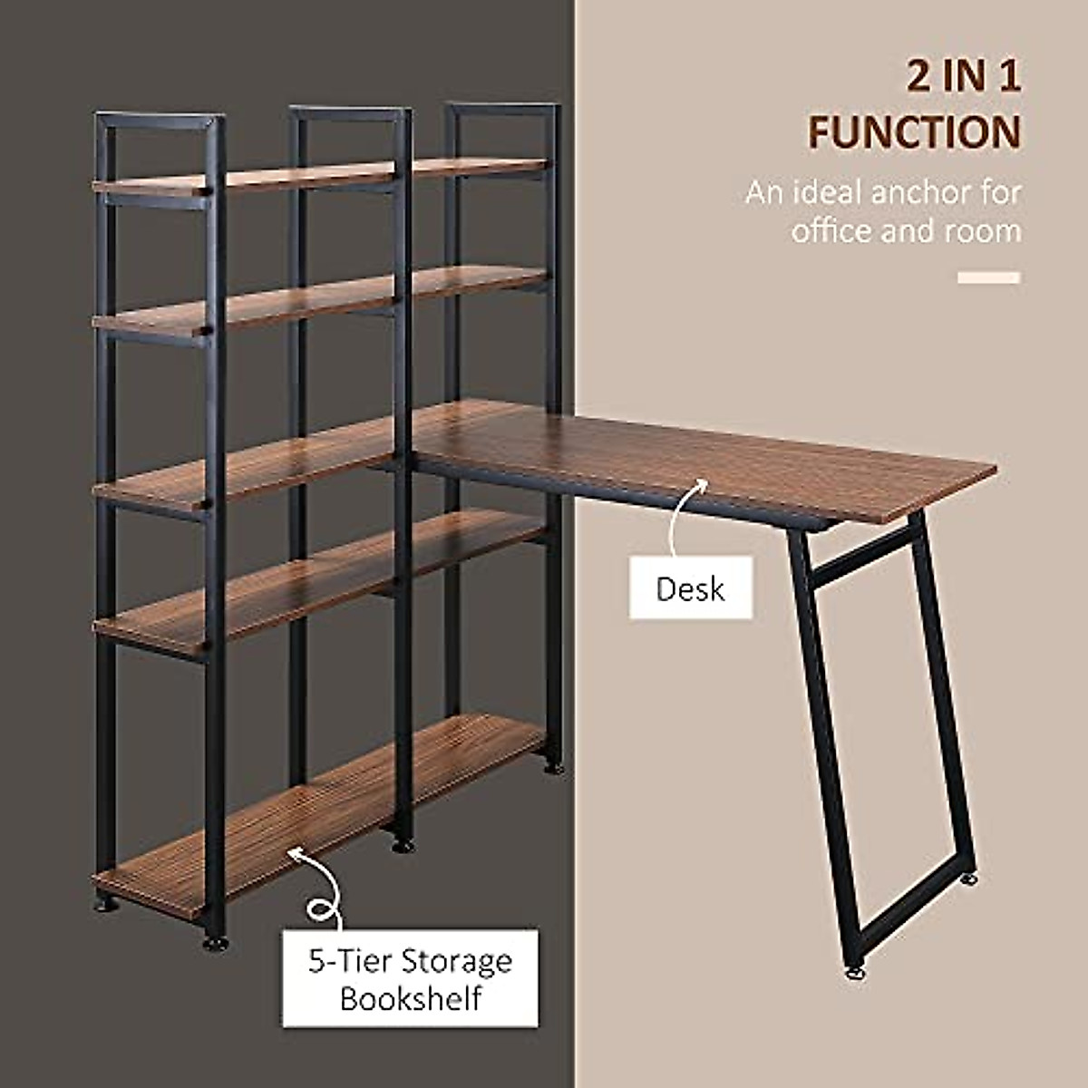 HOMCOM 5 Tier Versatile L-Shaped Computer Desk, Writing Table with Display Shelves and Metal Frame, Space-Saving for Study, Home Office, Walnut