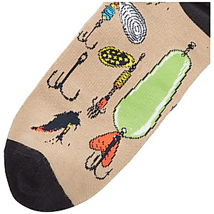 K. Bell Socks mens Sports and Outdoors Fun Novelty Crew Casual Sock, Fishing Lures (Khaki), Shoe Size 6-12 US