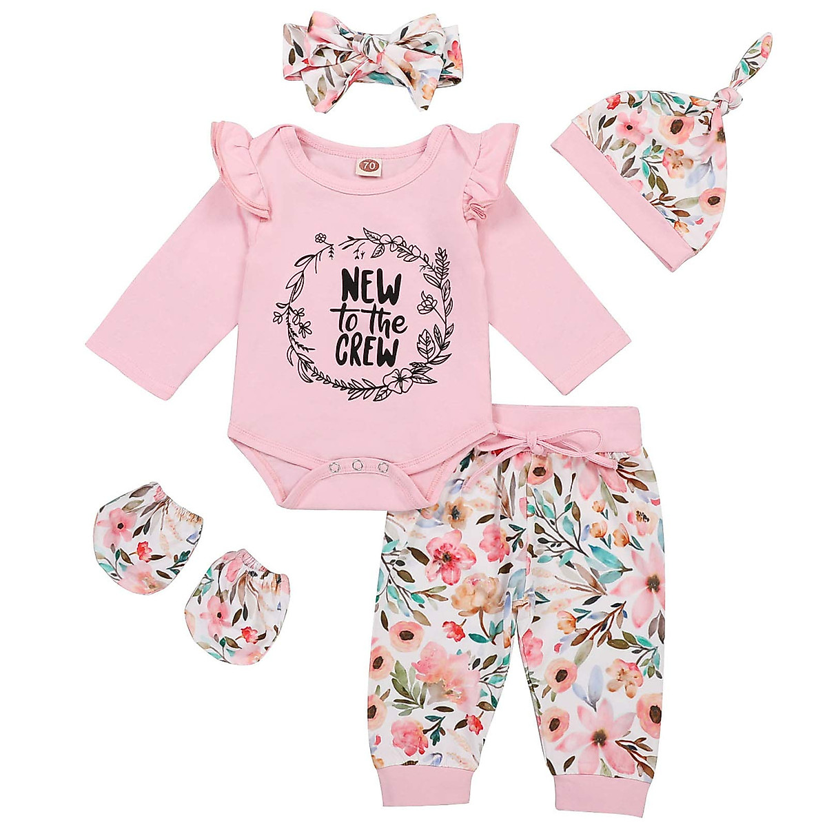 ZOELNIC Newborn Baby Girl Outfits New To The Crew Letter Print Romper+Floral Pants+Hat+Headband+Gloves 5PCS Clothes Set (Light Pink,Newborn)