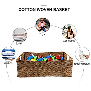 Amosfun Storage Basket with Wicker Baskets lid bin Large Small Seagrass lids- Retro Hand- Woven Seaweed Storage Basket Household Rectangular Sundries Organizer- Storage Box