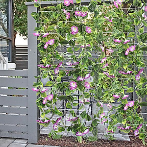 GTIDEA Artificial Vines, 2pcs 15Feet Morning Glory Hanging Plants Silk Garland Fake Green Plant Home Garden Wall Fence Stairway Outdoor Wedding Hanging Baskets Decor Purple