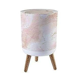 Trash Can with Lid Abstract Dusty Rose Blush Liquid Watercolor with Gold dots and Lines Press Cover Small Garbage Bin Round with Wooden Legs Waste Basket for Bathroom Kitchen Bedroom 7L/1.8 Gallon