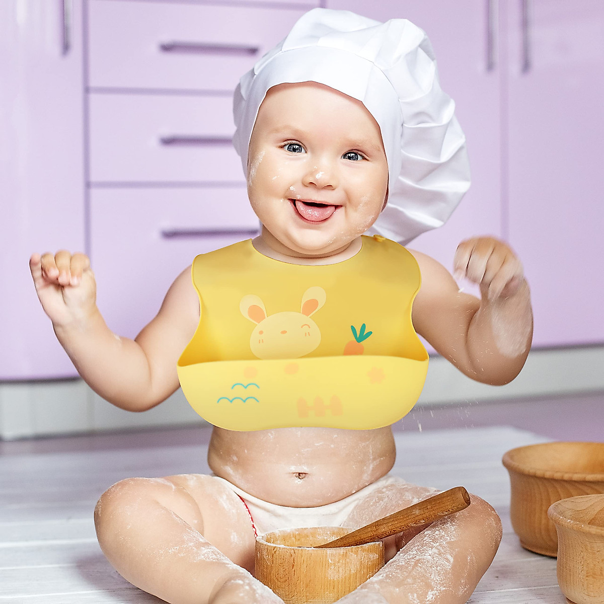 myHomeBody Waterproof Baby Bibs, Baby Bib Catcher, Baby Bib with Food Catcher, Baby Bibs Reusable, Cute Baby Bibs Silicone, Yellow Rabbit, 1pc