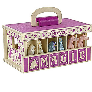 Breyer Horses Unicorn Magic Wooden Stable Playset with 6 Unicorns | 6 Piece | 6 Stablemates Unicorns Included | 6” H x 9” L x 2.5” D | 1:32 Scale | Model #59218, Multicolor