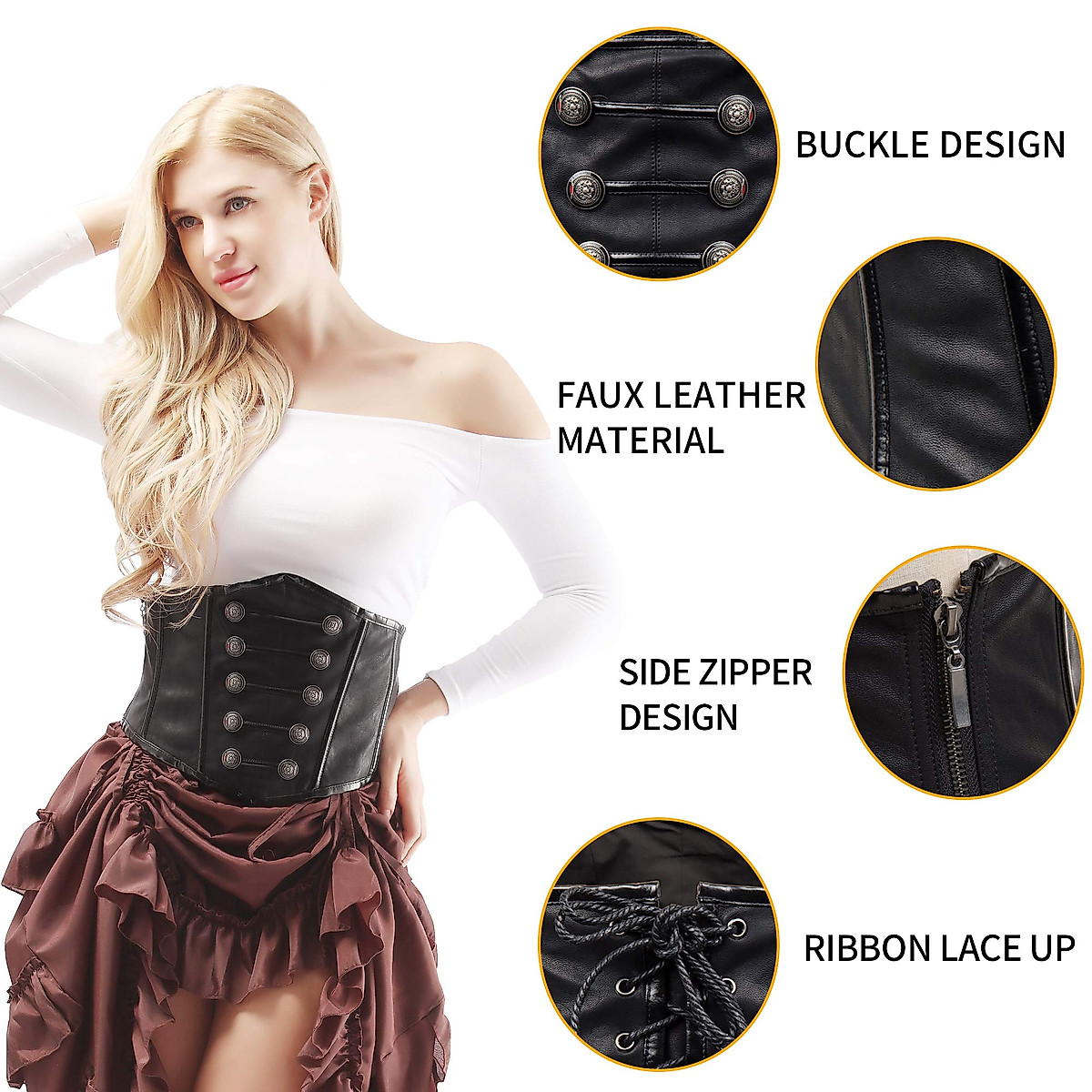 Alivila.Y Fashion Women's Faux Leather Rivet Steampunk Retro Boned Wide Corset Belt 21674-Black-M
