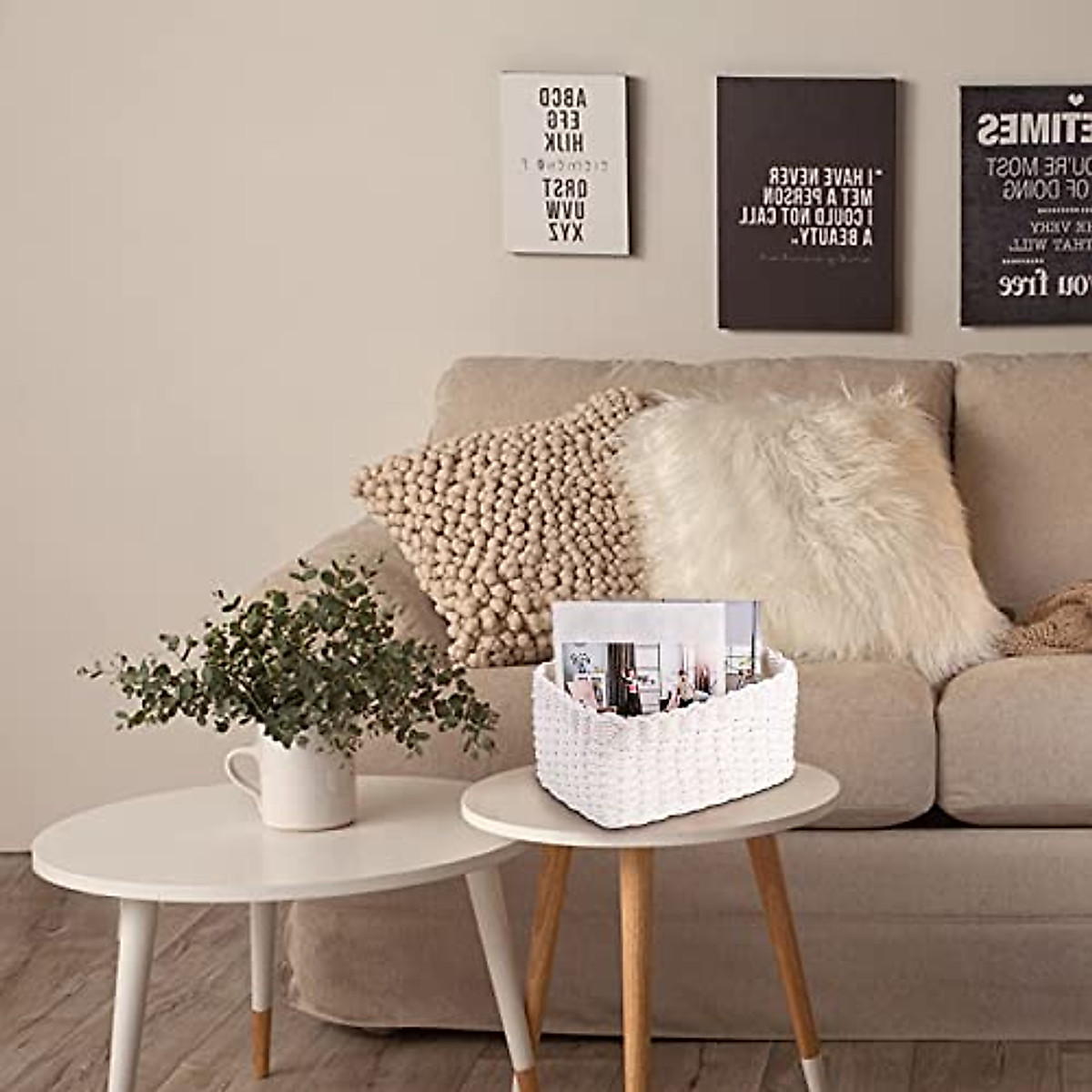 Coloch Set of 3 Paper Rope Woven Storage Basket, Recyclable Makeup Organizer Bin Stackable Nesting Basket for Shelf, Countertop, Toys, Towels, Small Household Items, White 3 Sizes