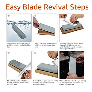 Amazon Basics Whetstone Knife Sharpening Wet Stone Dual Sided 400/1000 and 3000/8000 Grit Stones, Flattening Stone, and Non-Slip 3-PC, Bamboo Base, Black & Grey