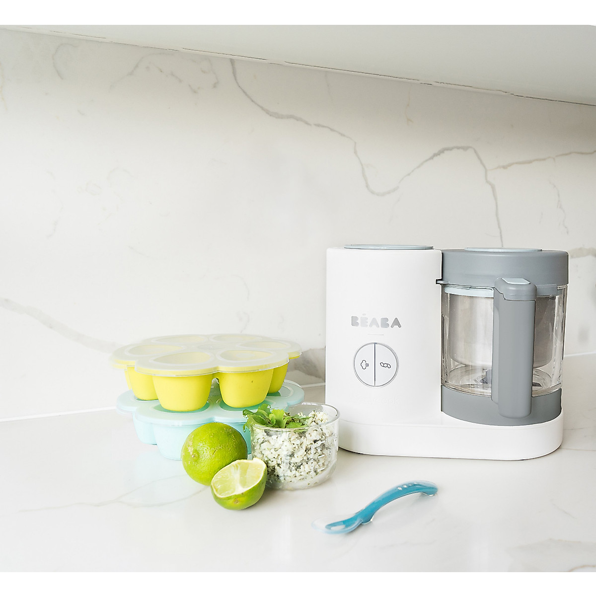 BEABA Babycook Neo, Glass Baby Food Maker, Glass 4 in 1 Steam Cooker & Blender, Comes with Stainless Steel Basket and Reservoir, Cook at Home, 5.5 Cup Capacity (Cloud)