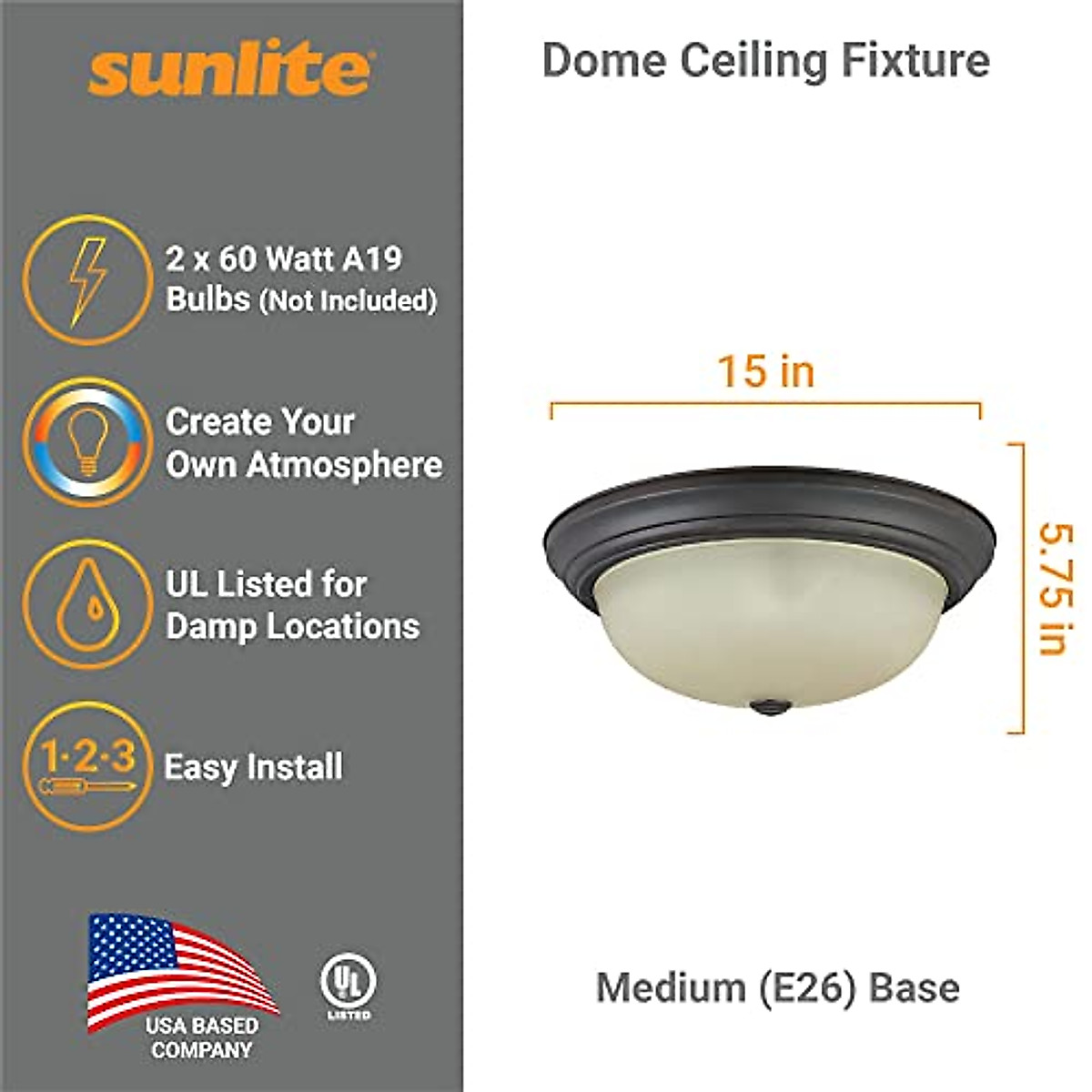 Sunlite 46083-SU Traditional Dome Ceiling Light Classic Decorative Flushmount, Tea-Stained Glass Shade, 60W A19 Bulbs (Not Included), for Bedroom, Hallways & Bathrooms, 16-Inch, Distressed Brown