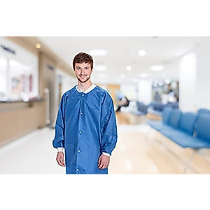 EZGOODZ Disposable Lab Coats for Adults Medium, Blue SMS Waterproof Disposable Clothing 10 Pack, Breathable and Light Lab Coats Disposable 40 GSM with Knit Wrists, Collar, Front Snaps, 3 Pockets
