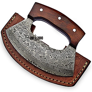 Knives - Alaskan Ulu - Mezzaluna Ulu Knife - Pizza Cutter Ulu - Traditional Ulu - Handmade Damascus Steel - Wood Handle - Ulu Knife - Vegetable Chopping Ulu - Crescent Blade (9891)