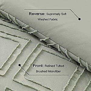 BEDHOURS Boho Comforter Set Queen,Sage Green Tufted Comforter Set,3 Pcs Shabby Chic Down Alternative Farmhouse Bedding Set Soft Lightweight Cooling Comforter for All Seasons
