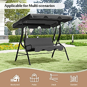 RELAX4LIFE 3-Person Porch Swing Chair - Outdoor Swing w/Adjustable Canopy, Removable Cushion & Metal Frame Stand, 3 Seat Swing Bench for Backyard Garden Poolside, Patio Swing for Adults (Grey)