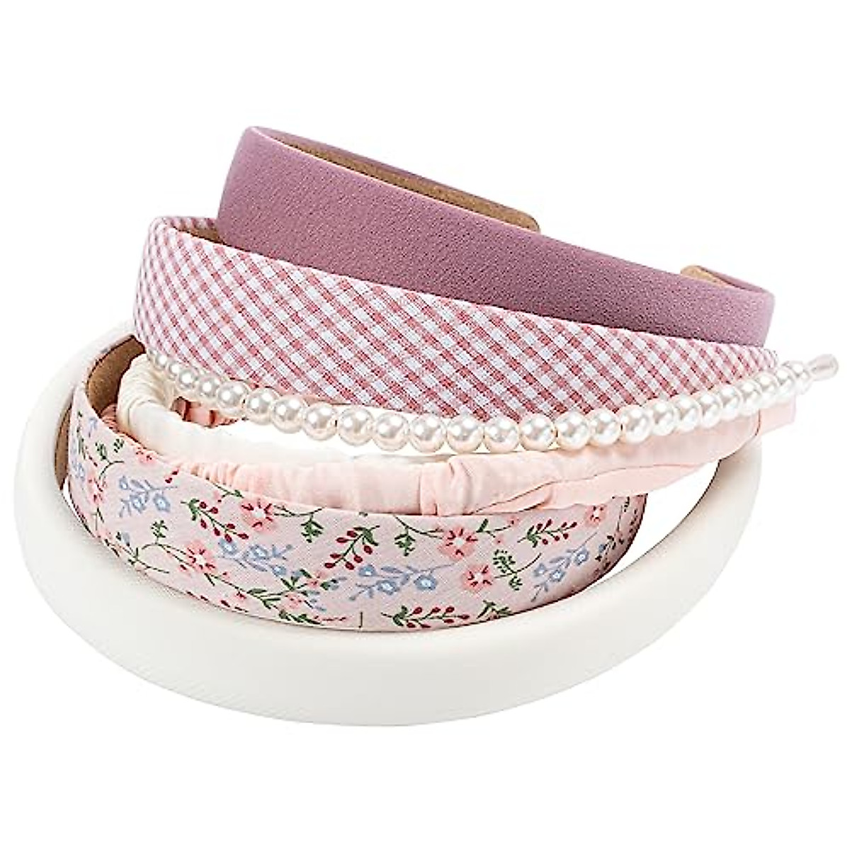 7pcs Fashion Headbands for Women, Wide Floral Headbands for Girls, Pearl Headband Non Slip Head Bands for Women's Hair Accessories (Pink)