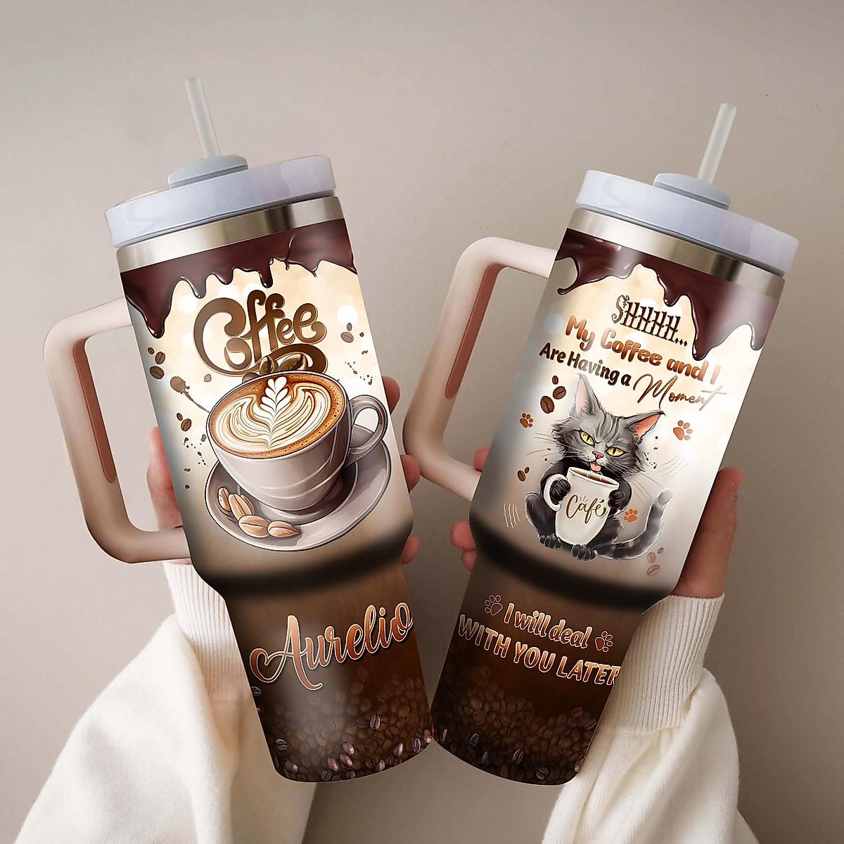 WAZONE Personalized Shh My Coffee And I Are Having A Moment 40oz Tumbler with Handle and Straw Lid Insulated Travel Mug Funny Customized Animal Gifts For Cat Lovers Men Women Birthday Present