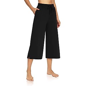 DIBAOLONG Womens Capri Pants Loose Yoga Pants Wide Leg Drawstring Comfy Lounge Pajama Capris Sweatpants with Pockets Black L