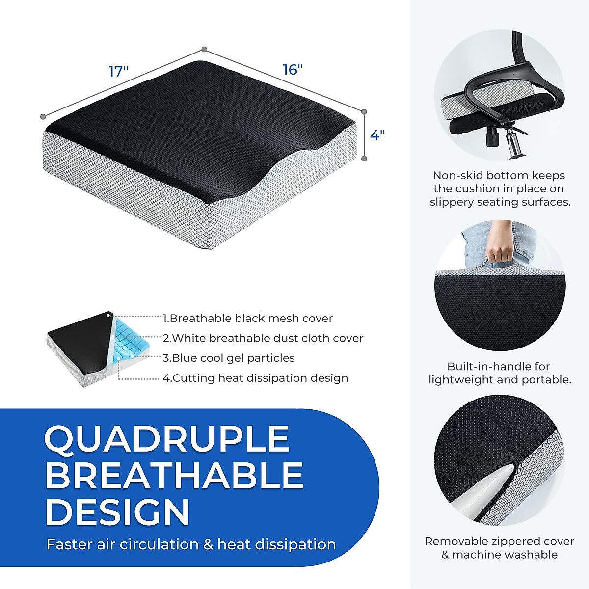 4 Inch Extra Thick Seat Cushion, Dual Layer Memory Foam Chair Cushions, Comfort Seat Cushions for Office Chair, Butt Back Pain Sciatica Coccyx Relief, Strong Support & Sit Longer Not Tired