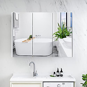 LOKO Large Bathroom Medicine Cabinet with Mirror, Wall Mounted Bathroom Cabinet with 3 Mirrored Doors & Adjustable Shelves, Triple Mirror Door Bathroom Wall Cabinet, 36 x 4.5 x 25.5 Inches