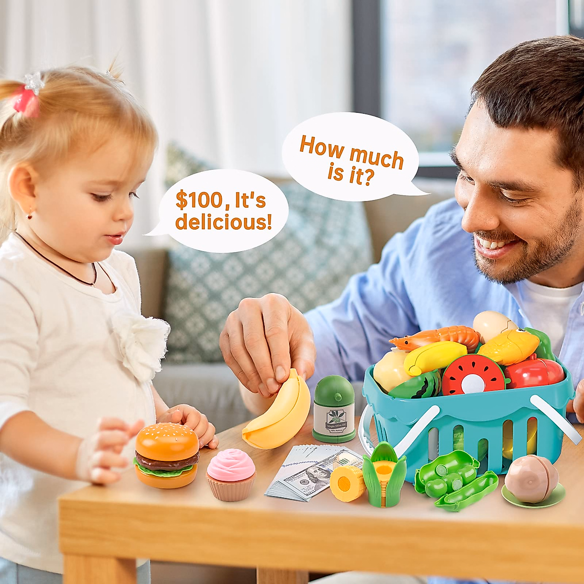 Funpynani 130Pcs Kitchen Playset, Toddler Pretend Cooking Play Pots, Pans, Utensils Cookware, Daily Food Fruit Veges, Shopping Storage Basket, Dessert, Prop Money, Learning Gift for Child (Pink)