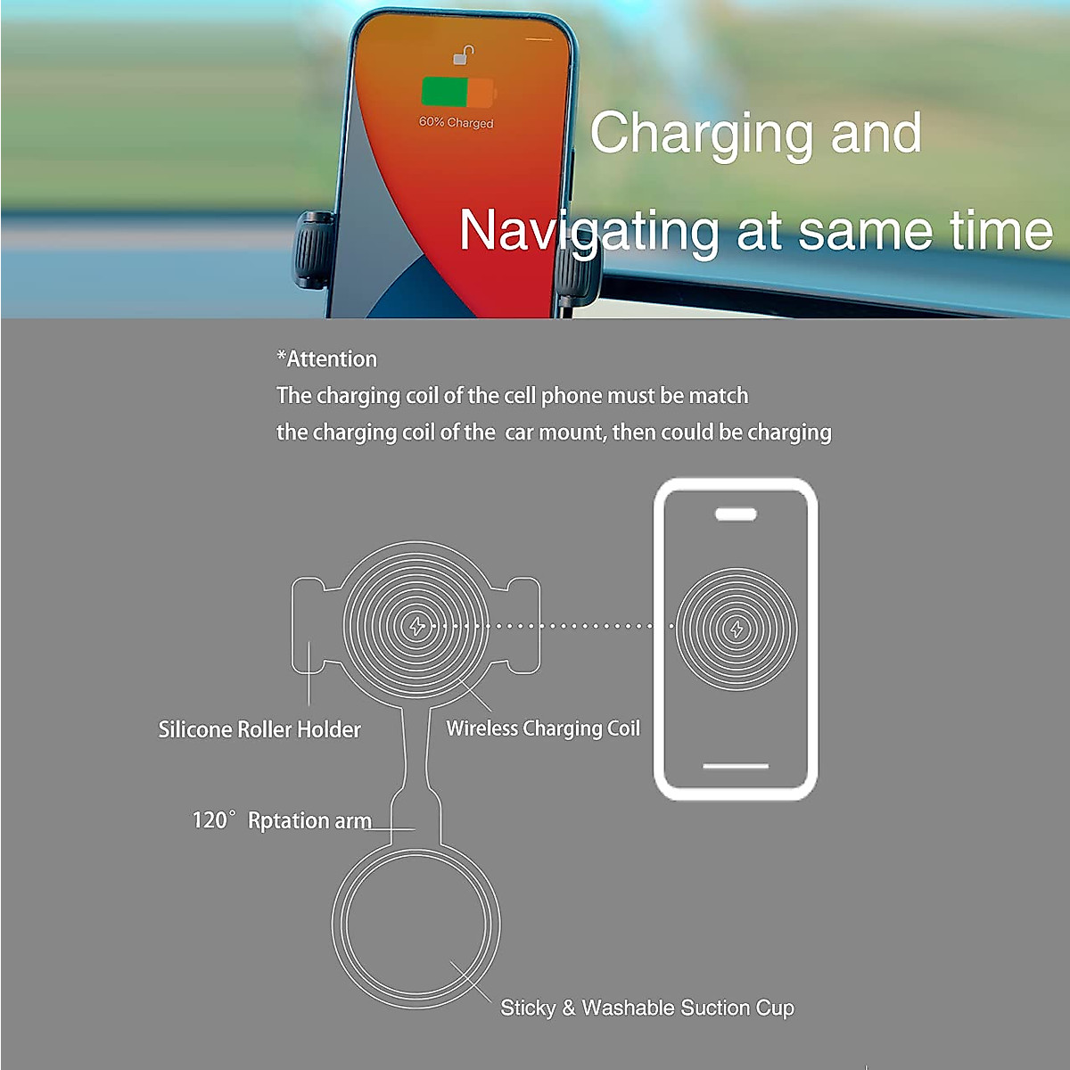 JOWUA 480° Rotation Car Mount with Wireless Charging 10w for Tesla Model 3 & Model Y, Compatible with Phone 13 Pro Max, iPhone 13 Pro and Other 4.7-6.5'' Smartphones