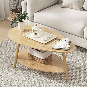 Maupvit Coffee Table-Oval Wood Table with Open Shelving for Storage and Display 2 Tier Sofa Table, Small Modern Furniture Living Room&Home Office-Nature Wood
