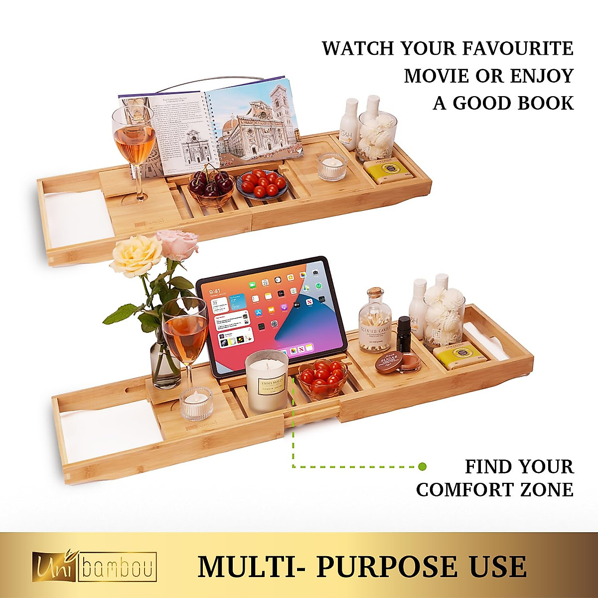Bamboo Bathtub Caddy Tray for Luxury Bath, Expandable Bath Tray for Tub with Book and Wine Holder- Gift Idea for Loved Ones