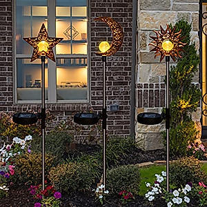 Tryme Solar Lights Outdoor Garden Decorations Sun Moon Star Stake Light Decorative Waterproof Warm White LED Yard Decor for Pathway Lawn Patio Courtyard Backyard