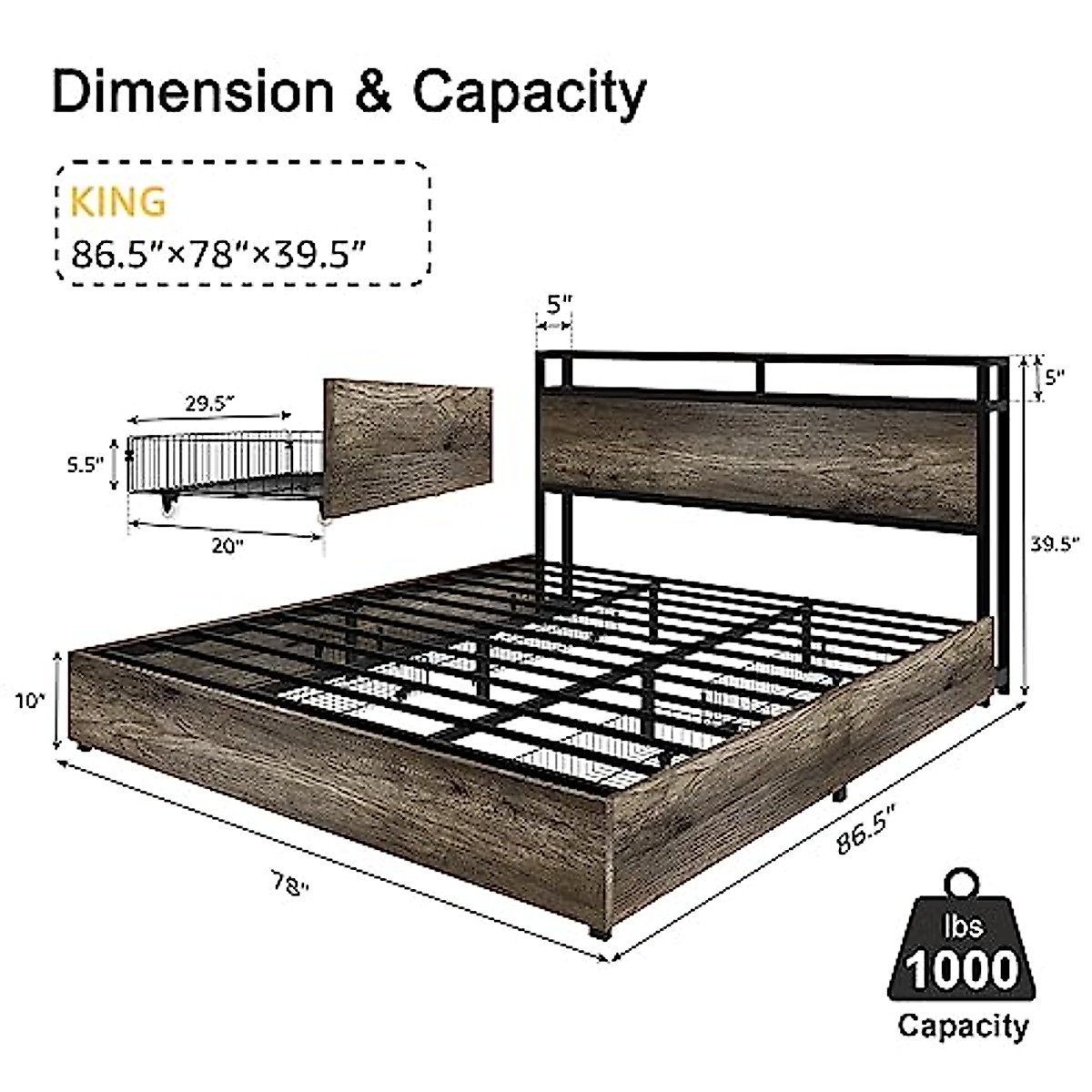 LUXOAK King Size Bed Frame with 4 Storage Drawers, Wooden Platform Bed with 2-Tier Storage Headboard and Charging Station, No Box Spring Needed/Noise Free/Rustic Grey