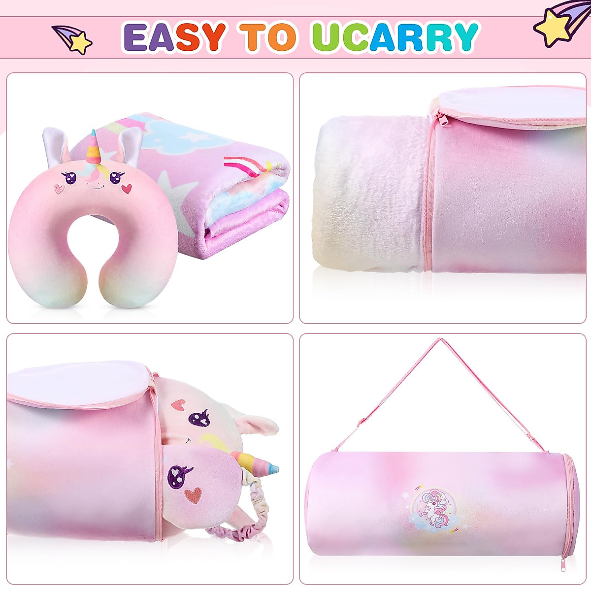 Gulfmew Unicorn Travel Blanket and Pillow Set for Kids Unicorn Airplane Blanket Soft Kids Neck Pillow Eye Mask and Adjustable Storage Bag Cute Travel Accessories for Girl Airplane Car Trip Home Use