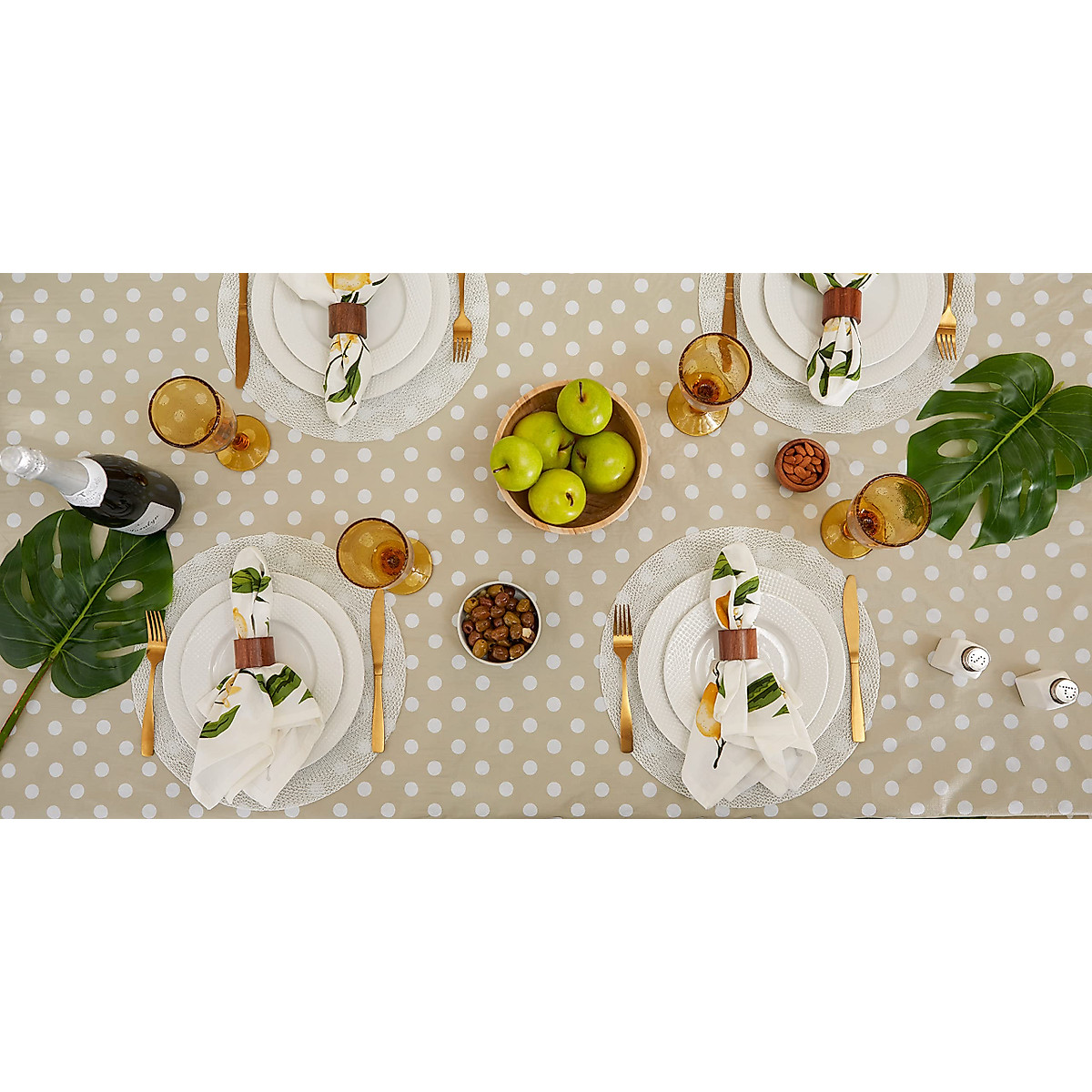DII Vinyl Tabletop Collection Flannel Backed Polka Dot Tablecloth, Rectangle, 60x102, Natural