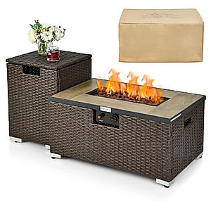 Tangkula 2 Piece Outdoor Propane Fire Pit Table Set with Hideaway Propane Tank Holder, Patiojoy 40,000 BTU Rattan Wicker Fire Pit Table with Lava Rocks, Waterproof Cover, Ideal for Backyard, Patio